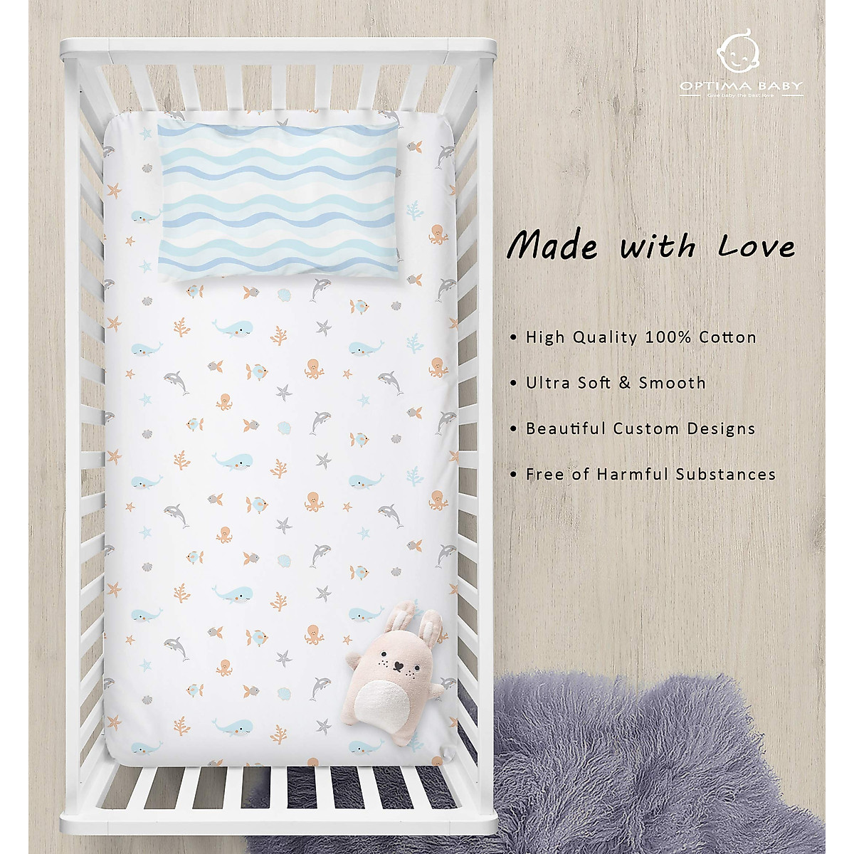 OptimaBaby Crib Sheets, Sea Animals Fitted, 2 Count