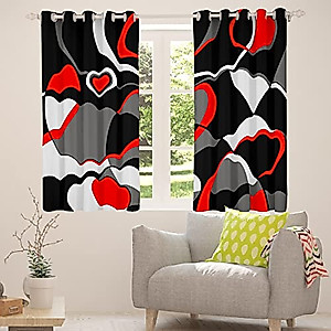 5Pcs Red Grey and Black Duvet Cover Set Full Size & Curtain Set: 1 Duvet Cover + 2 Pillowcase + 2 Panels of 42 W x 63 L inch Each
