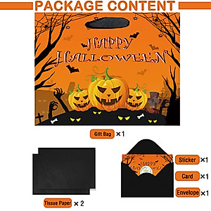 Large Happy Halloween Bag, Orange Halloween Paper Gift Bag with Tissue Paper and Card, Halloween Party Favors Bags Pumpkin Gift Bag, Halloween Wrapping Gift Paper for Halloween Party Gift Supplies