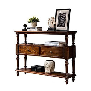 NIZAME Entryway Console Table with 2 Drawers, 3 Tiers Storage Shelf Extra Long Entryway Table, Log Sofa Table for Entryway, TV Stand, Rustic, Cabin Decor (Color : Brown, Size : 88x35x140cm)