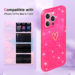 Qviskteme for iPhone 14 Pro Max Case Glitter,Cute Bling Sparkly Slim Phone Case TPU Shockproof Bumper Protective Soft Silicone Cover Anti-Scratch Plating Love Heart for Women Girls (Hot Pink)