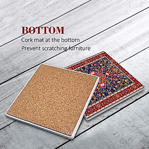 Bribay Coasters for Drinks Set of 6, Tribal Turkish Geometric Pattern Absorbent Square Ceramic Stone Mat, with Cork Base and Metal Holder, Gift for Housewarming Room Bar Decor