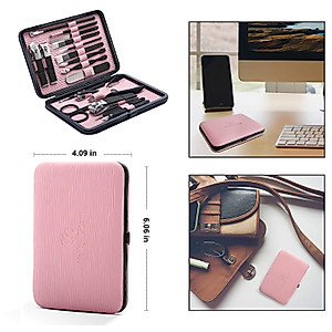 Manicure Set Professional Nail Clippers Kit Pedicure Care Tools- Stainless Steel Women Grooming Kit 18Pcs for Travel or Home (Pink)