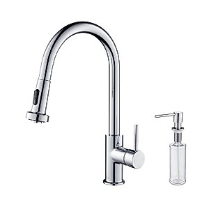 KIBI Casa Single Handle Pull Down Faucet for Kitchen Sink | Solid Brass High Arc Faucet Spout | Kitchen Faucet with Pull Down Sprayer (Chrome) (KKF2002) (Soap Dispenser included)