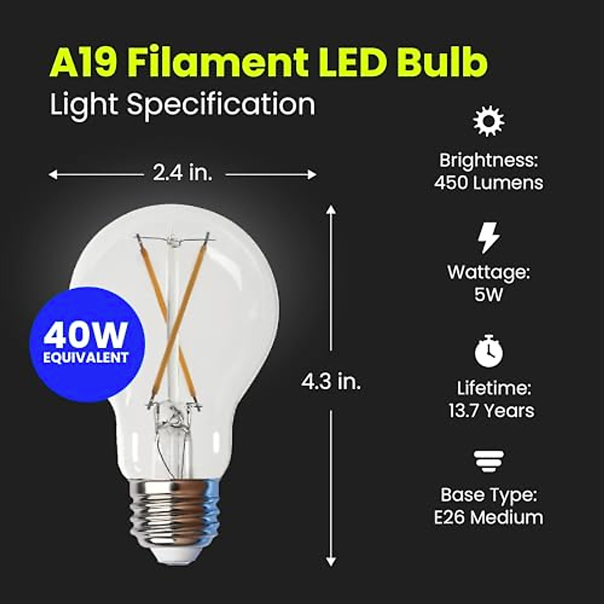 Feit Electric LED Clear A19 Medium Base Light Bulb - 40W Equivalent - 15 Year Life - 450 Lumen - 3000K Bright White - Dimmable | 4-Pack