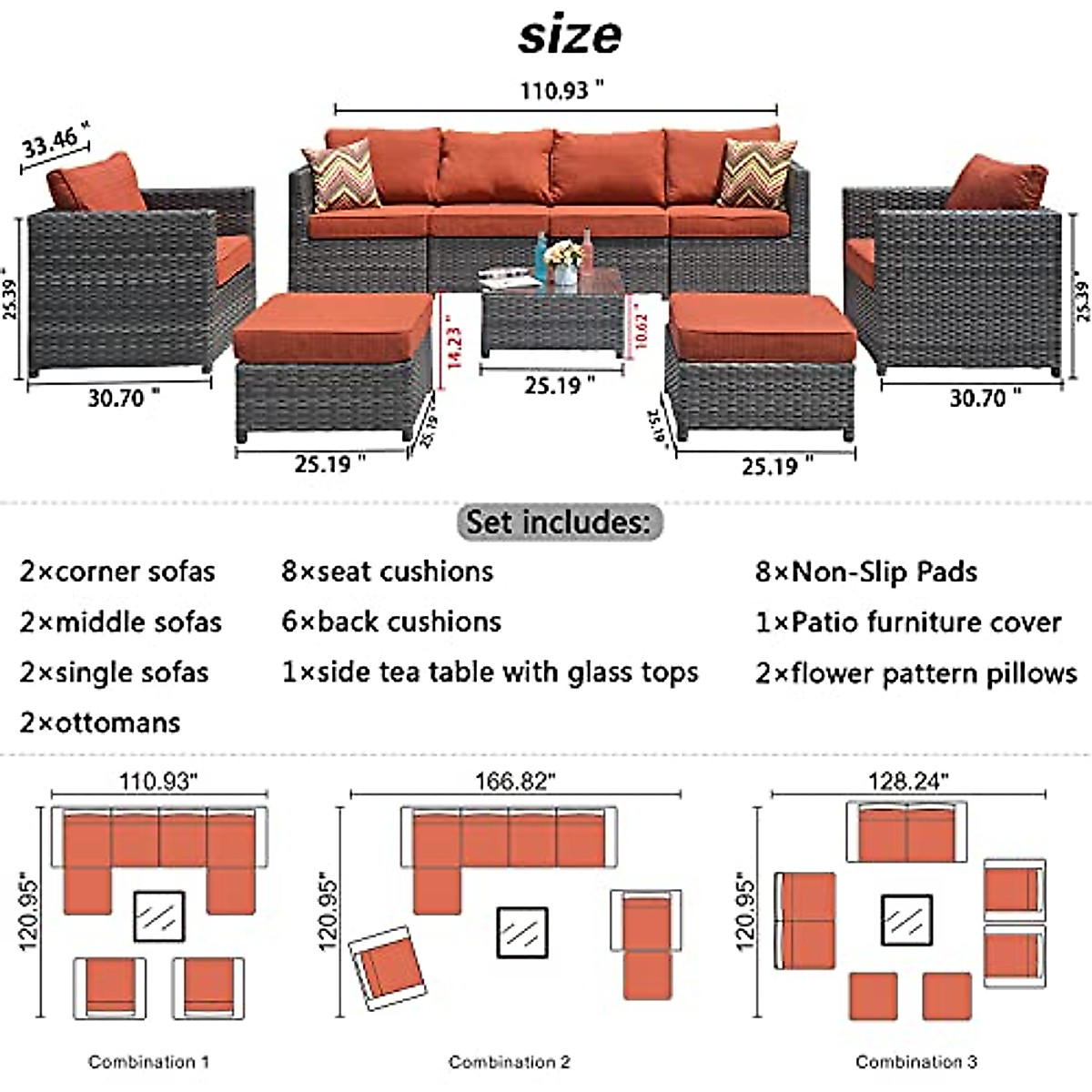 XIZZI Patio Furniture Set, No Assembly 9 PCS Big Size Outdoor Sectional Sofa All Weather PE Rattan Wicker Outdoor Furniture with 2 Pillows,Grey Wicker Orange Red