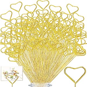 200 Pcs Metal Floral Place Card Holder Picks 13.4 Inch Photo Picture Clip Holder Gold Gift Card Holders for Flower Arrangements Wedding Birthday Baby Shower Party Favor (Heart Style)