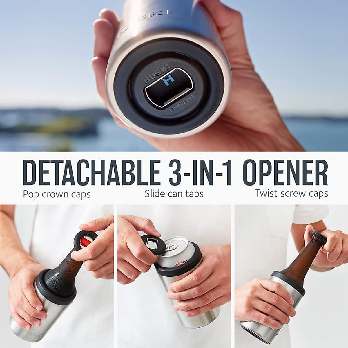 Huski Beer Cooler 2.0 | NEW | Premium Can and Bottle Holder | Triple Insulated Marine Grade Stainless Steel | Detachable 3-in-1 Opener | Works as a Tumbler | Best Gifts for Beer Lovers (Stainless)