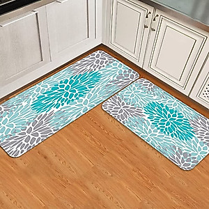 Modern Dahlia Flowers Kitchen Rug Set of 2 Teal Coral Gray Floor Mats Dahlia Pinnata Flower Soft Comfort Standing Mat Anti Fatigue Non Skid Washable Doormat Bathroom Runner Rugs Bedroom Area Carpet