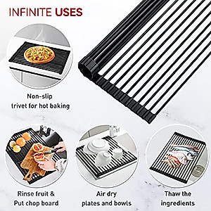 MERRYBOX Roll Up Dish Drying Rack, Silicone Wrapped Over The Sink Dish Rack Foldable Dish Drainer Anti-Slip Dish Racks for Kitchen Counter, Multipurpose Kitchen Sink Drying Rack, 18" x 13", Black