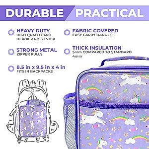 Bento Box, Steel Food Thermos, Insulated Lunch Bag and Ice Pack Set for Kids - 5 Leakproof Compartments, Lunches or Snack Container for Girls, Toddlers Daycare Pre-School, Kindergarten Purple Unicorn