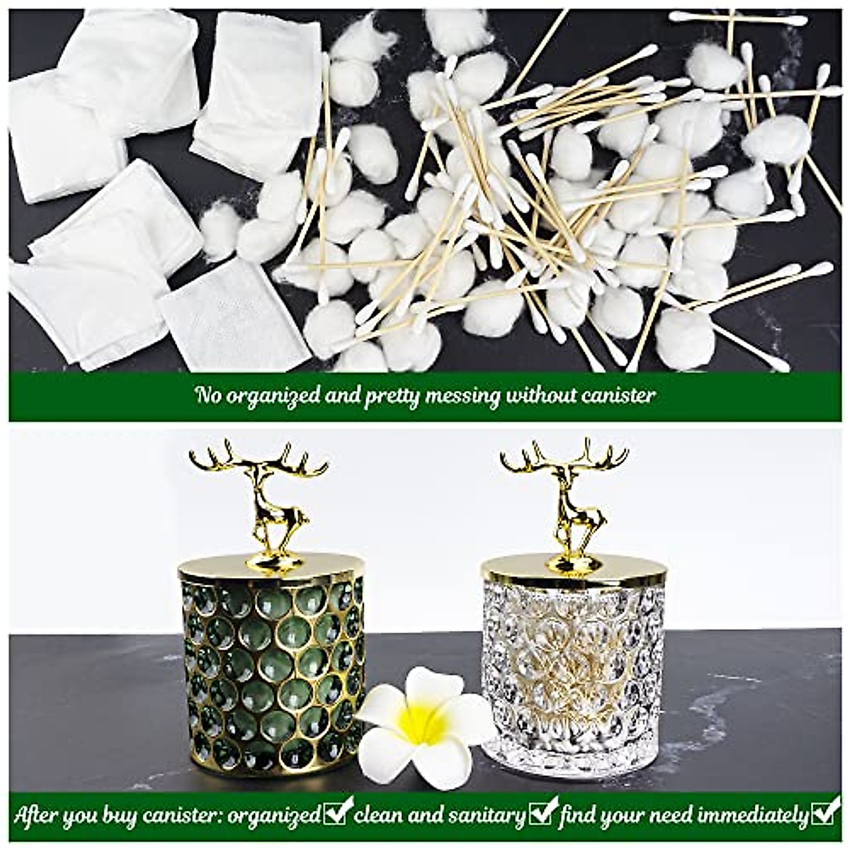 Ezebesta 2PCS Vintage Bathroom Canisters Luxury Small Thick Glass Jar Set Qtip Holder Dispenser for Cotton Ball & Pads Storage Organization Beautiful Decor