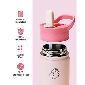BUZIO 14oz Kids Water Bottle Stainless Steel Insulated Metal Water Bottles with Straw for Toddlers, BPA-Free Double Wall Water Flask Leak Proof Tumbler for School Boys Girls with Stickers, pink