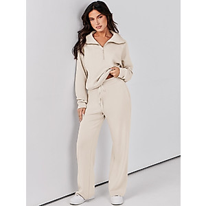 Prinbara Women 2 Piece Outfits Lounge Sets 2024 Winter Oversized Sweatshirt Wide Leg Pant Casual Matching Sweat Set Tracksuit Apricot Small