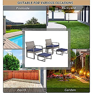 Festival Depot 5 Pieces Patio Outdoor Conversation Chairs Cushions Ottomans Set with Coffee Square Table Metal Frame Furniture Garden Bistro Seating Thick Soft Cushions (Blue)