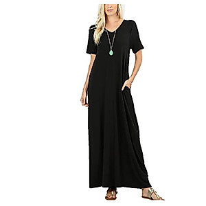 Zenana Women's Premium Casual Long Relaxed Loose T-Shirt Maxi Dress with Half Sleeves and Pockets (Black, Medium)