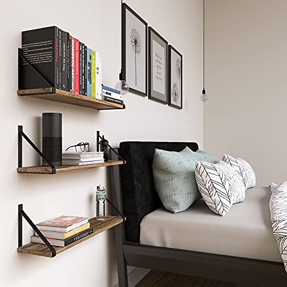 Wallniture Bora Floating Shelves for Wall, 24"x6" Bathroom Storage Shelves, Rustic Wood Shelf Set of 3, Burned Finish
