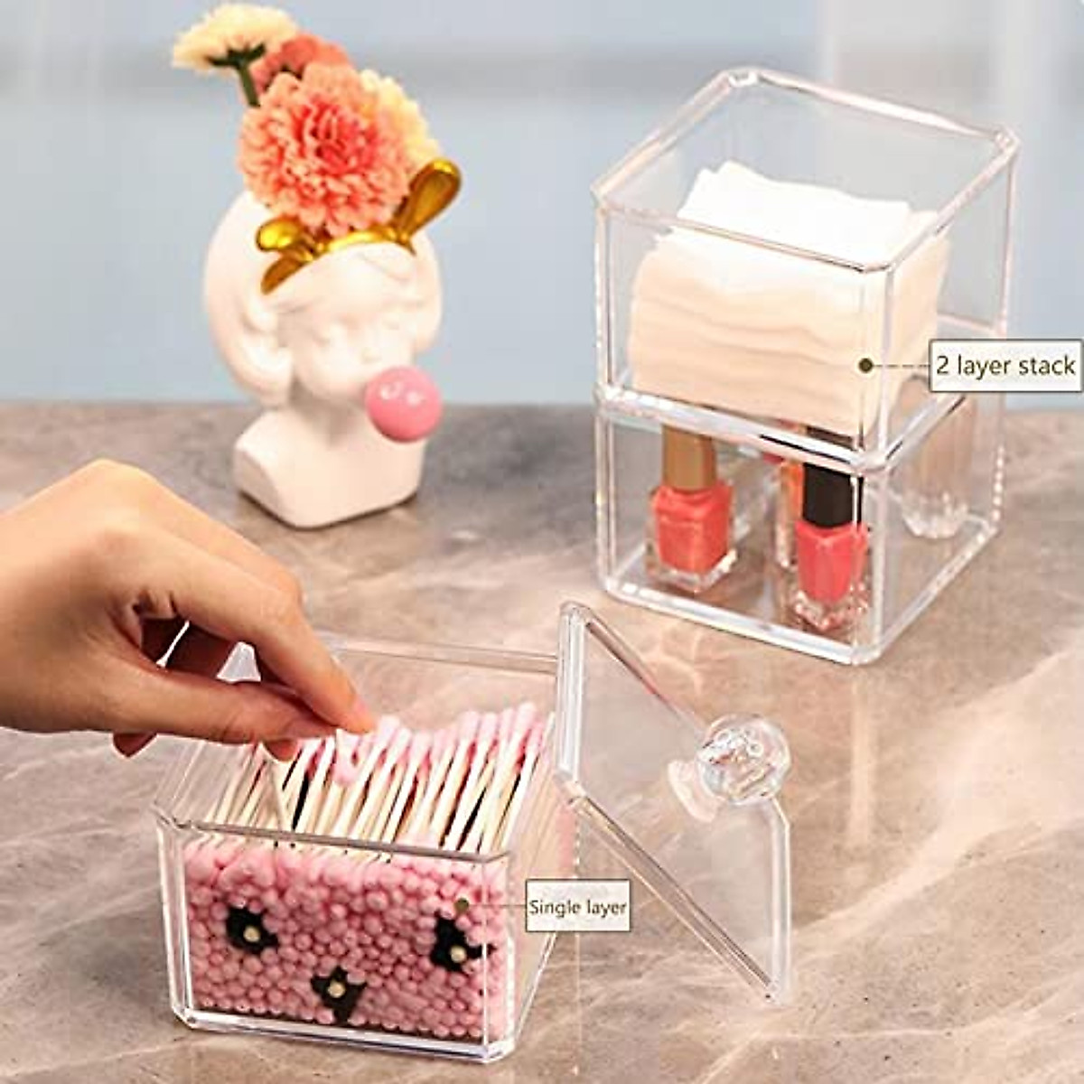 Smalibal 1 Set Cotton Ball Holder, Transparent Cotton Swab Holder with Lid, Plastic Qtip Holder, Qtip Dispenser, Cotton Swab Dispenser, Swab Pad Dispenser for Bathroom, Dressing Room A