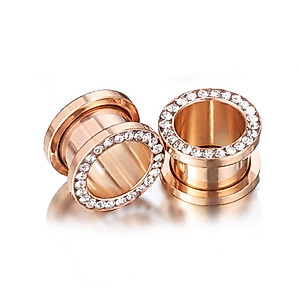 NewZenro Rose Gold Plated Crystal Rhinestones CZ Ear Tunnels Plugs Expander Gauges Stretcher Earrings Screw Stainless Steel Piercing Body Jewelry Personalized Gifts (2g(6mm))