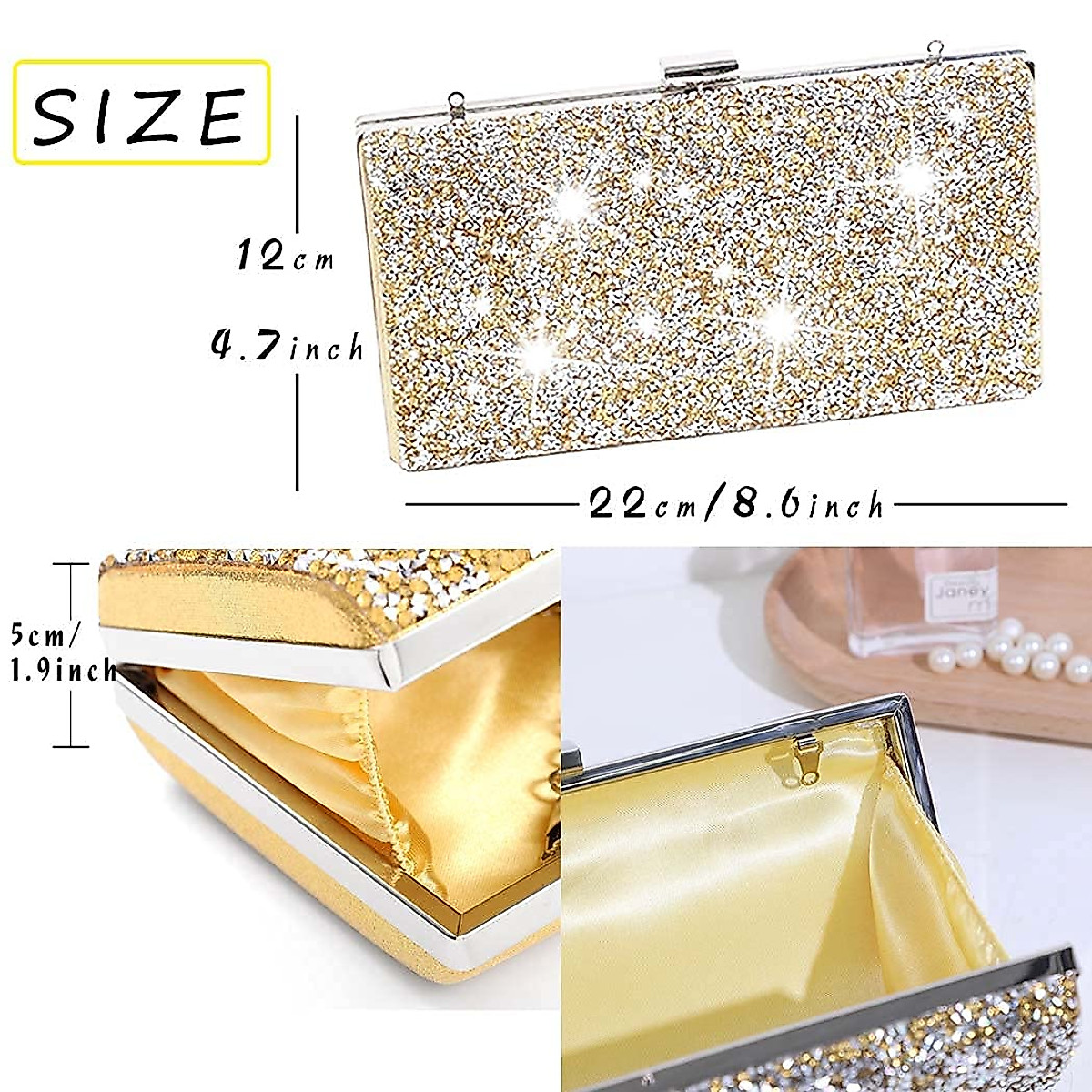 ELABEST Glitter Evening Clutch Bag Single Sided Diamond Bag Crossbody Purse Wedding Party Bag for Women (Gold)