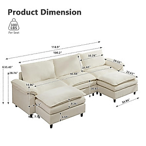 Aoowow Modular Sectional Sofa Modern Convertible U Shaped Couch,118.9 Inch Deep 3-Seater Sofas Set Comfy Chenille Cloud Sofas and Couches with Movable Ottoman for Living Room Apartment(Beige)