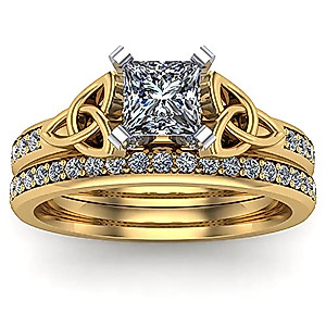 Engagement Ring for Women Bridal Ring Set 1-2/5 ct. tw. Princess Cut Moissanite Engagement Ring Set 10K Gold Celtic Wedding Ring Set for Her Anniversary Promise Rings