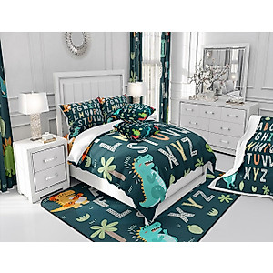 Alphabet Kids ABC Learning 100% Cotton Duvet Cover Full Size, Cartoon Dino Comforter Cover Kids Educational Nursery Art Bedding Set for Boys Girls Jungle Dino Bedspread Cover 3Pcs with 2 Pillow Case