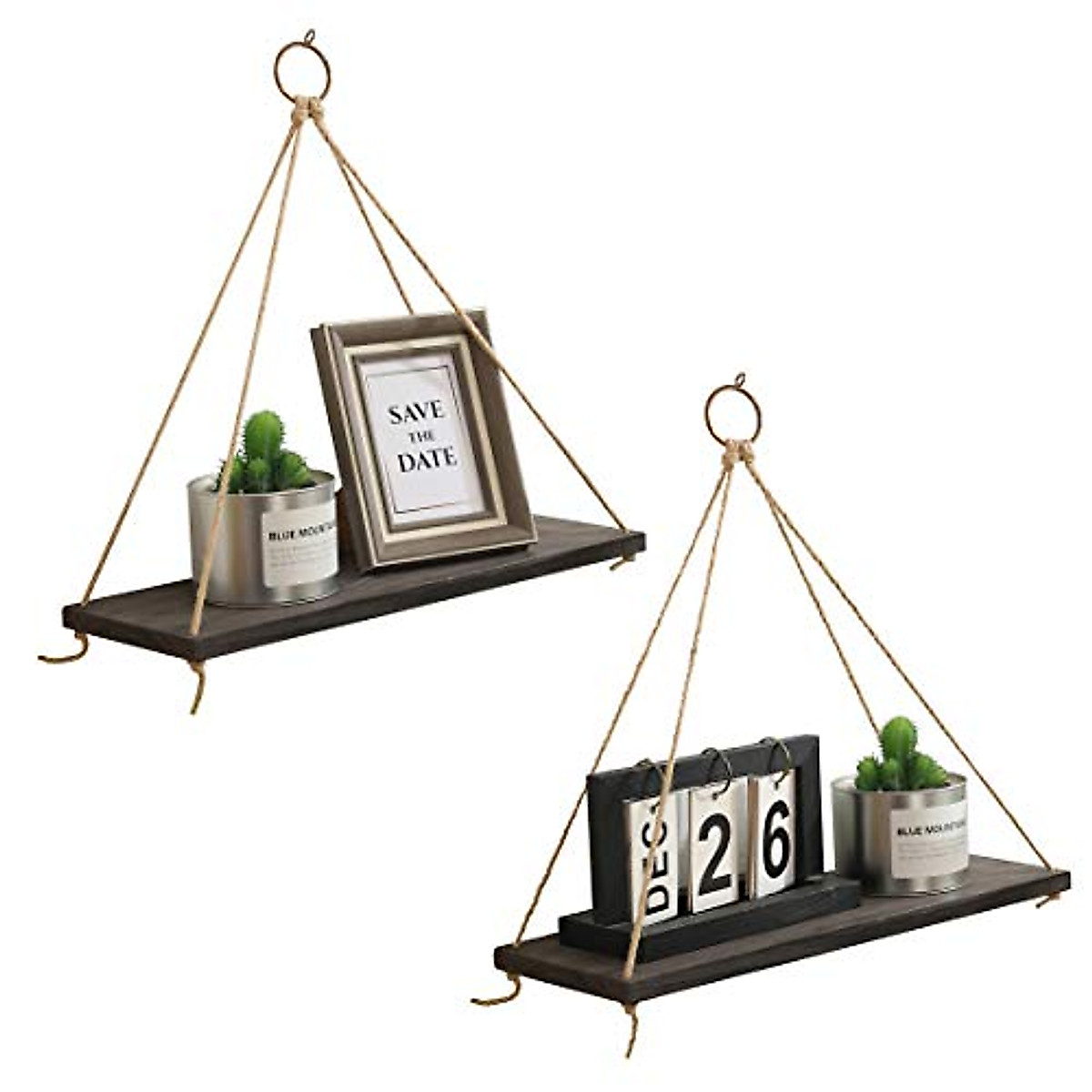 PENGKE Hanging Shelves Set of 2 Boho Wall Decor,Small Floating Window Hanging Plant Shelf,Rustic Wood Floating Storage Shelf for Bedroom Bathroom Living Room Kitchen,Wooden Bookshelf