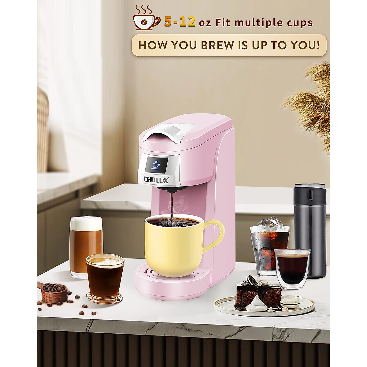 CHULUX Upgrade Single Serve Coffee Maker for K Cup & Ground Coffee, Pink Mini Single Cup Coffee Machine with One Touch Function, Fast Brewing in Minutes