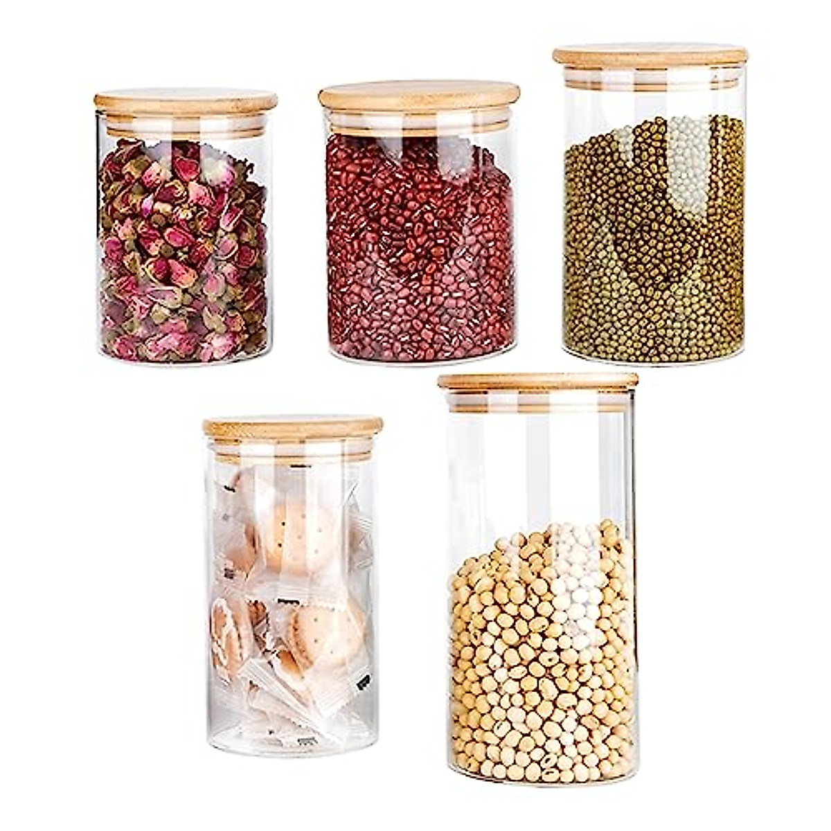 IZEJAZT Glass Jars With Bamboo Lids. 5 Pc Set of Air Tight Sealable Containers. Food Jar Canisters with Airtight Lid for Pantry Storage and Kitchen Organization.
