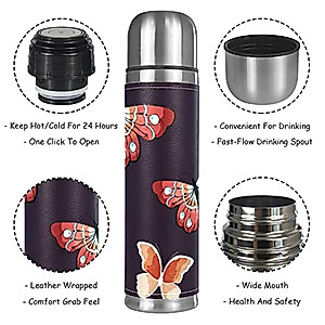 Stainless Steel Leather Vacuum Insulated Mug Butterfly Thermos Water Bottle for Hot and Cold Drinks Kids Adults 16 Oz