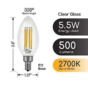 Euri Lighting VB10-3020cec-4, 4-Pack Dimmable LED B10 Filament, 5.5W (50W Equiv) 500lm, 90+ CRI, Warm White (2700K) E12, 120V, Wet Rated,JA8, CA Compliant 3YR 15K HR WTY