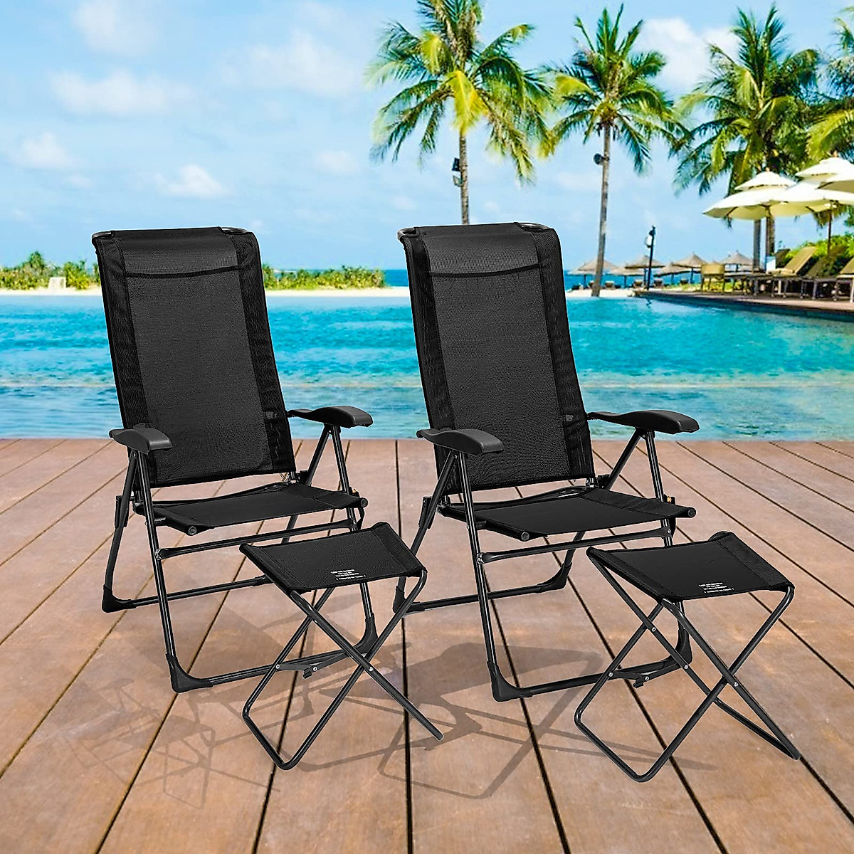 Giantex 4 Pcs Folding Patio Chairs Set 2 Pack Patio Dining Chairs with Footrest Portable Sling Chairs Camping Lawn Chairs with Adjustable Back Outdoor Bistro Chairs for Porch Garden Yard Pool