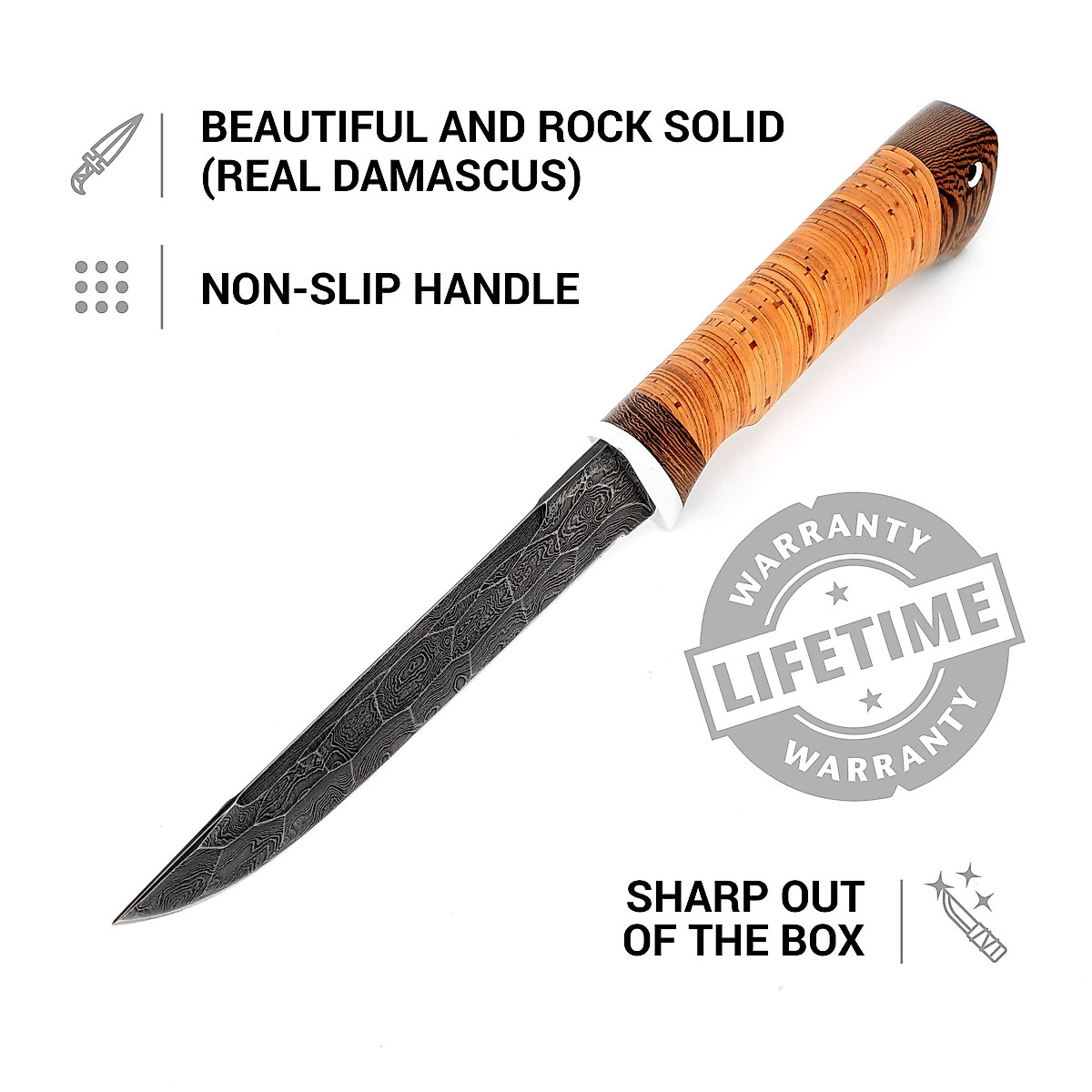 Nazarov Premium Damascus Hunting Knife - Handmade VEPR Damascus Steel Knife with Sheath - Hand Forged Sharp Fixed Blade Knives with Non-Slip Birchbark Handle - Well Balanced Survival Knife with Sheath