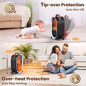 Riseon Small Space Heater for Indoor Use, 1500W/750W Portable Electric Fireplace Heater with 3D Flame, Ceramic Heater Fan with Thermostat Overheat & Tipover Protection for Home Office Room Desk, Black