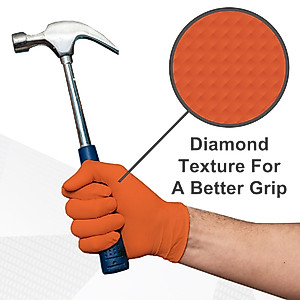 WECARE Orange 8 Mil Nitrile Gloves Medium 50 Pack - Heavy Duty Mechanic Gloves, with Diamond Grip - Powder and Latex Free Disposable Gloves