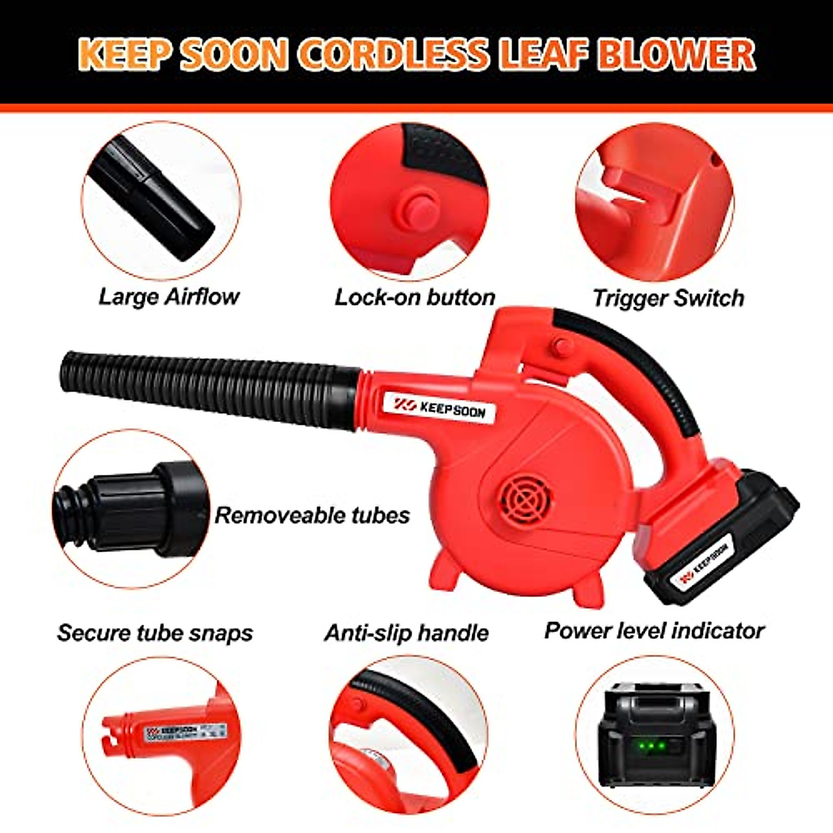 KEEPSOON Leaf Blower, Electric Leaf Blower Cordless with Powered Motor, 18V 2.0Ah Battery & Fast Charger, High/Low-Speed Handheld Battery Powered Blowers for Lawn Care Yard Work Around The House