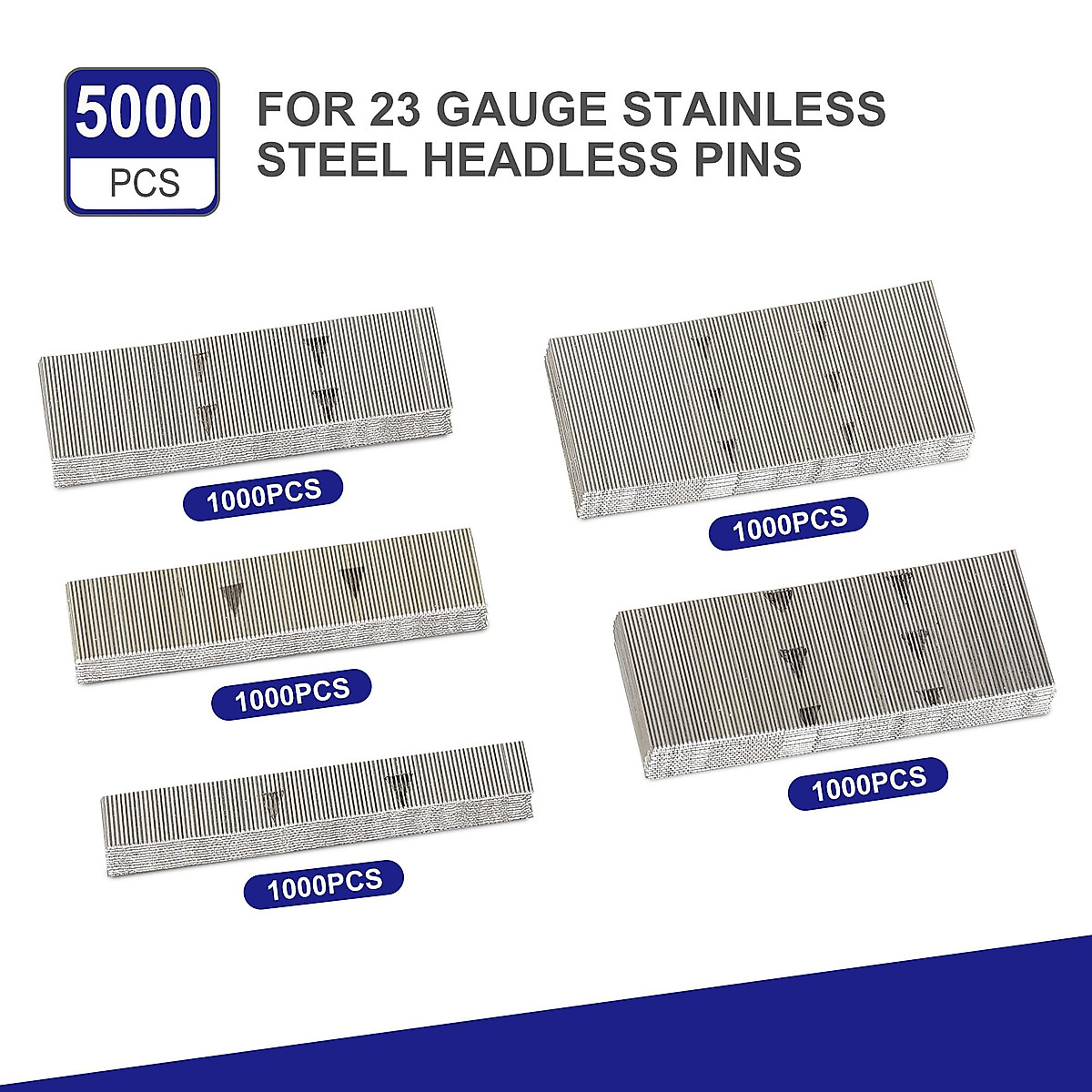 HAMWOO 5000Pcs 23 Gauge Stainless Steel Pin Nails, Headless Pinner Nails (3/8",5/8",4/5",1",1-3/16") assorted 5 sizes for Molding Cabinetry Building photo frame,handicrafts
