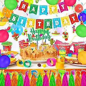 Mexican Theme Birthday Party Decorations Set, Fiesta Party Supplies, Pre-Strung Happy Birthday Banner, Cupcake Cake Toppers, Cactus Taco Ceiling Hanging Swirls, Mexican Cinco De Mayo Party Supplies
