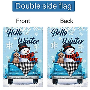 Hello Winter Garden Flag 12x18 Double Sided, Burlap Small Vertical Buffalo Check Plaid Winter Truck Garden Yard House Flags with Snowman Dog for Winter Outside Outdoor Decoration (ONLY FLAG)