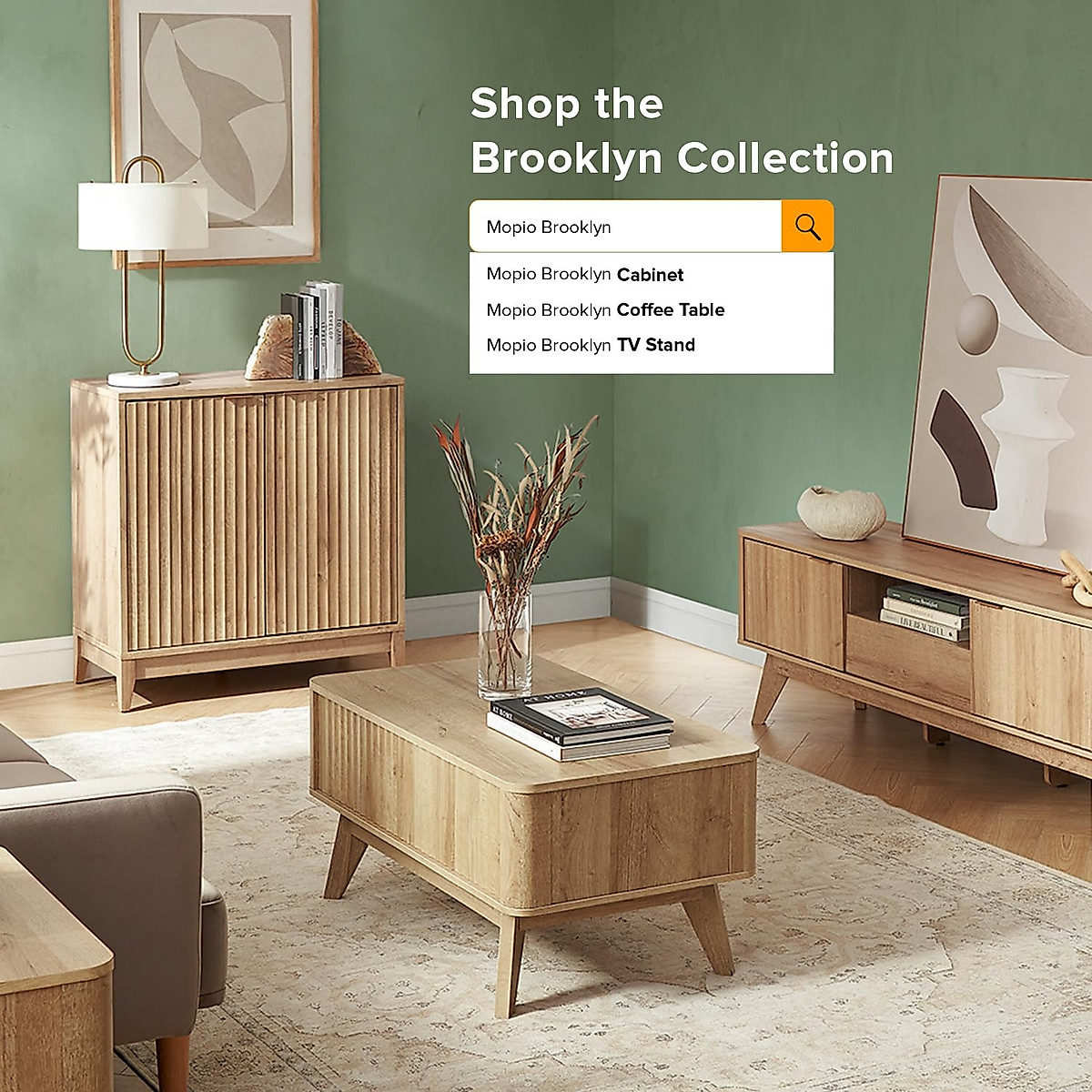 mopio Brooklyn Storage Cabinet, Modern Farmhouse Entryway Accent Cabinet, Buffet Sideboard, Credenza, Wood Modular Cabinet with Doors & Shelf, Fluted Panel, for Living Room (Oak, Single)