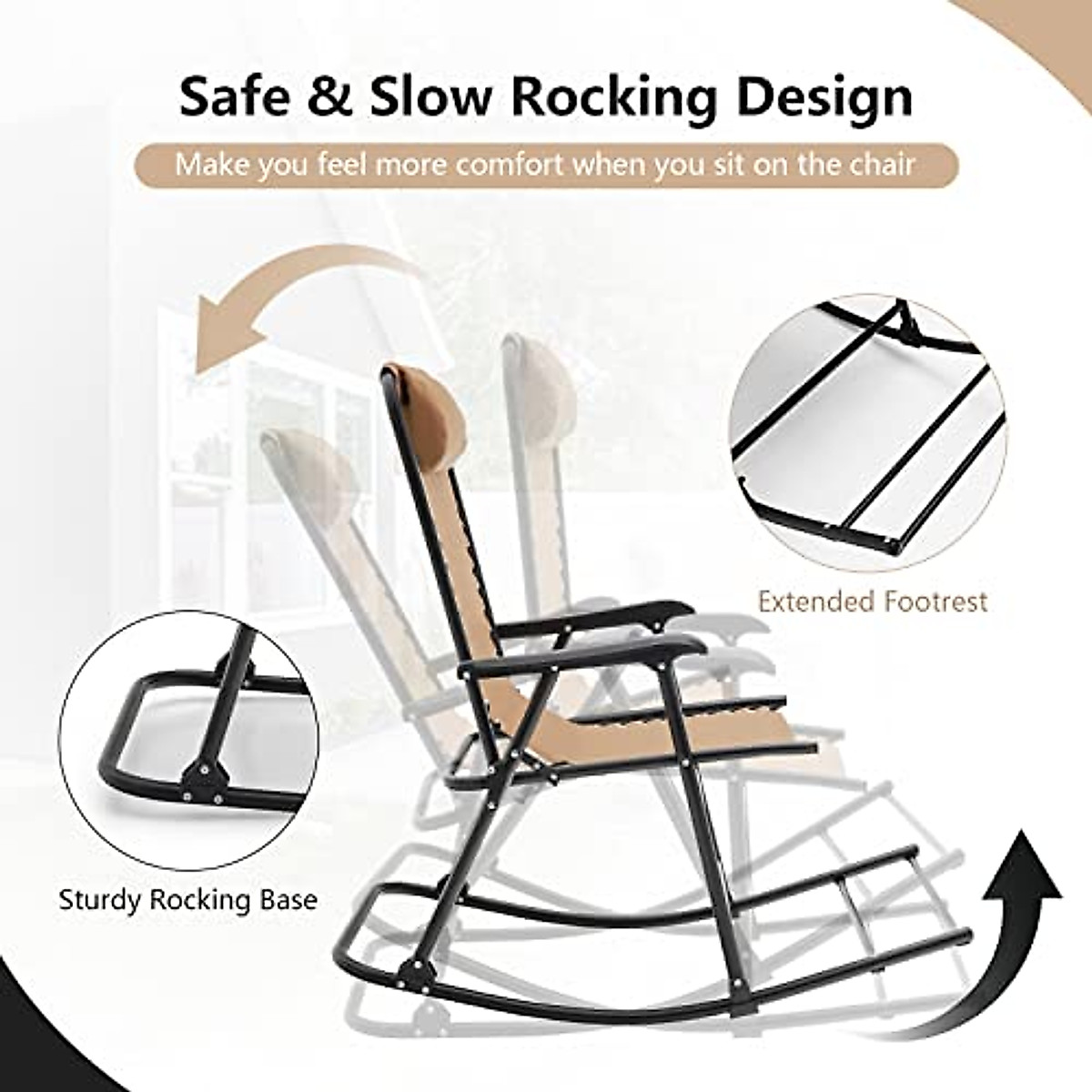 Tangkula Outdoor Folding Rocking Chair, No Assembly Required, Foldable Rocker Recliner with Headrest, Portable Lounge Chair for Camping, Patio, Lawn, Garden, Yard or Balcony Beige