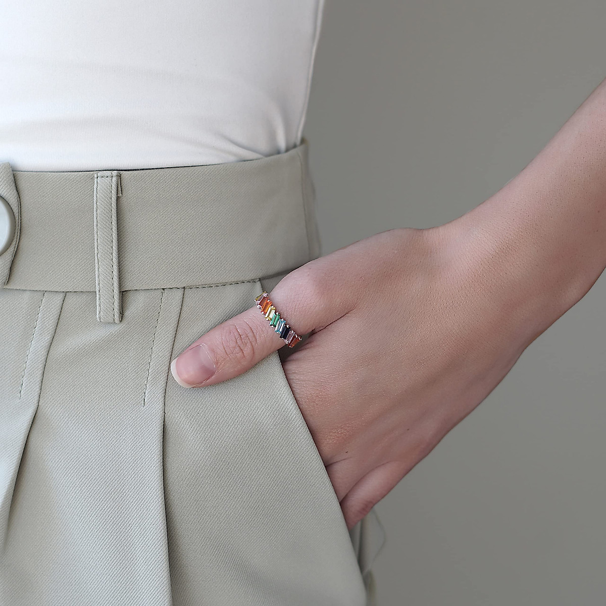 KIERA NEW YORK Platinum Clad Sterling Silver 5.28 cttw Multicolor Rainbow Baguette Cut Cubic Zirconia Eternity Ring Size 6