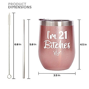 21st Birthday Gifts for Women 12oz Wine Tumbler with Lid | Funny 21 Year Old Birthday Gift for Her | Birthday Decoration Ideas | Finally 21 Shot Glass | Rose Gold Cup with Tiara Print