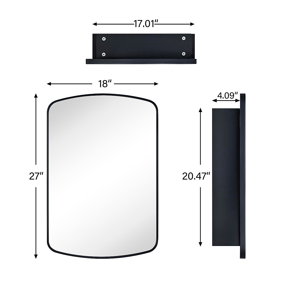 EGHOME Matt Black Arched Recessed and Surface Mount Bathroom Medicine Cabinet with Mirror Metal Framed Rectangular Bathroom Cabinet with 3 Tempered Glass Adjustable Shelves 18x27''