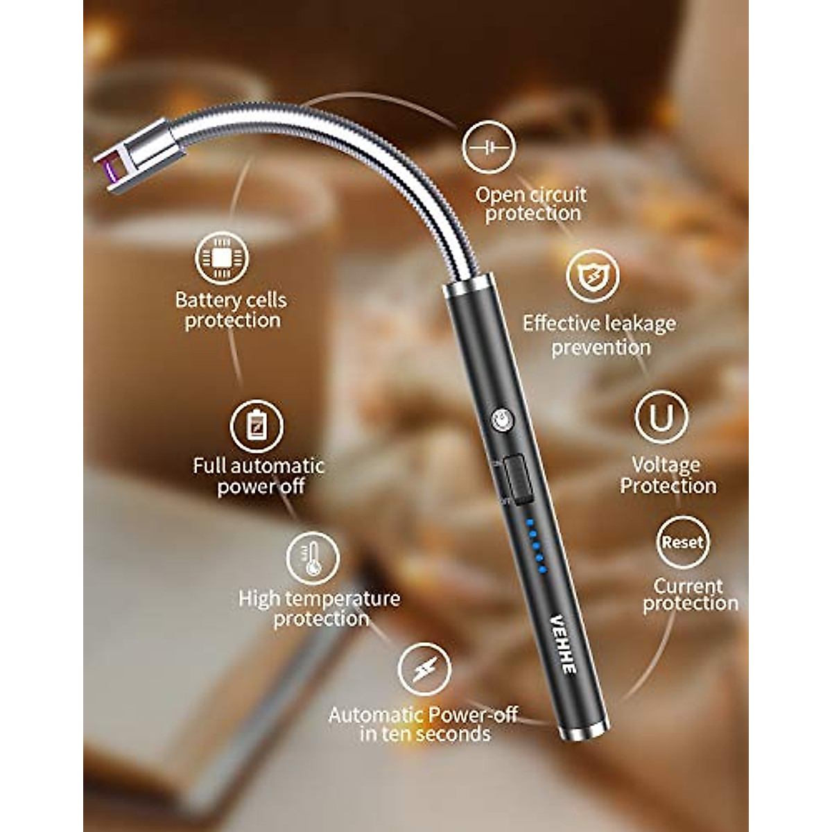 VEHHE Candle Lighter, Electric Rechargeable Arc Lighter with LED Battery Display Long Flexible Neck USB Lighter for Light Candles Gas Stoves Camping Barbecue