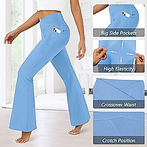 DLOODA Women's Flare Leggings with Pockets-Crossover High Waisted Bootcut Yoga Pants-Tummy Control Bell Bottom Leggings Blue