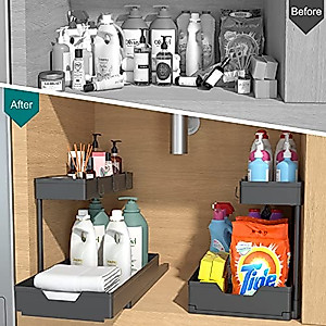 IRONBOX Under Sink Organizer, 2 Pack Pull Out Cabinet Bathroom Organizer L-shape Slide Out Sliding Shelf Under Cabinet Storage for Kitchen Bathroom Sink Organizers and Storage (2 Pack Black)