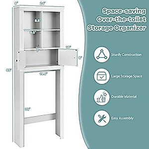 Tangkula Over The Toilet Storage Cabinet, Bathroom Space Saver Organizer w/4 Open Shelves, 2-Door Cabinet & Adjustable Shelves, Above Toilet Stand w/Anti-Tilt Device, Freestanding Toilet Rack (White)