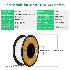 PLA 3D Printer Filament, Dimensional Accuracy +/- 0.03 mm, 1 kg Spool(2.2lbs), 1.75 mm,White